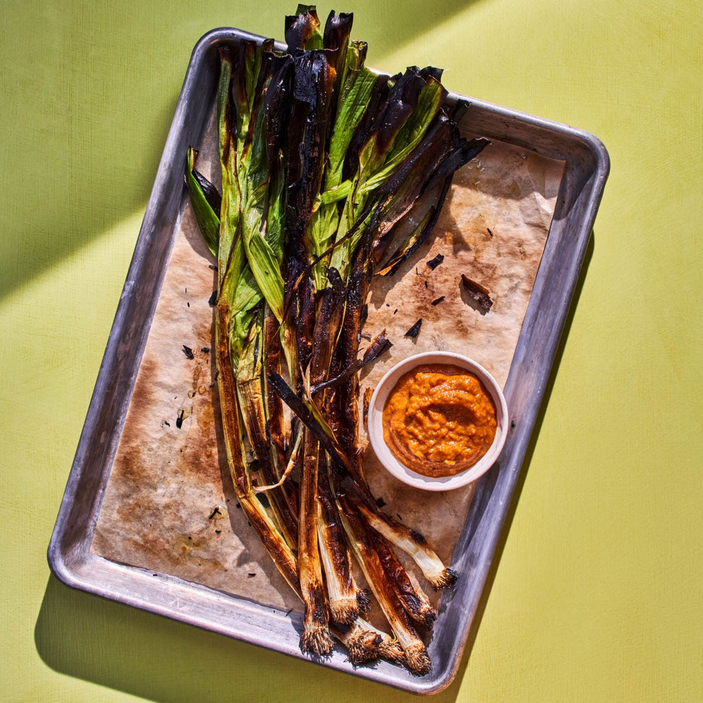 Charred Sweet Garleek with Badger Flame Beet Romesco